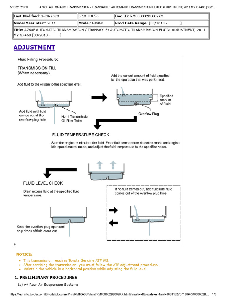 2011 GX460 A760F ATF Adjustment Guide | PDF | Automatic Transmission | Valve