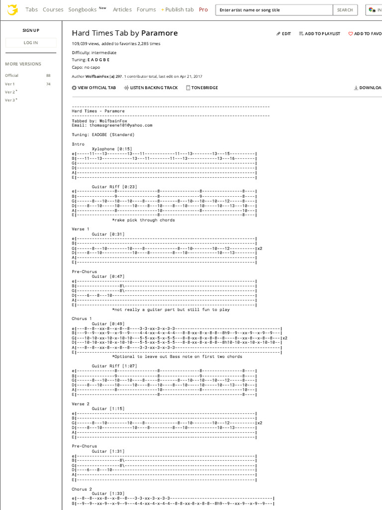 HARD TIMES TAB by Paramore @ | PDF | Song Structure | Sound Recording