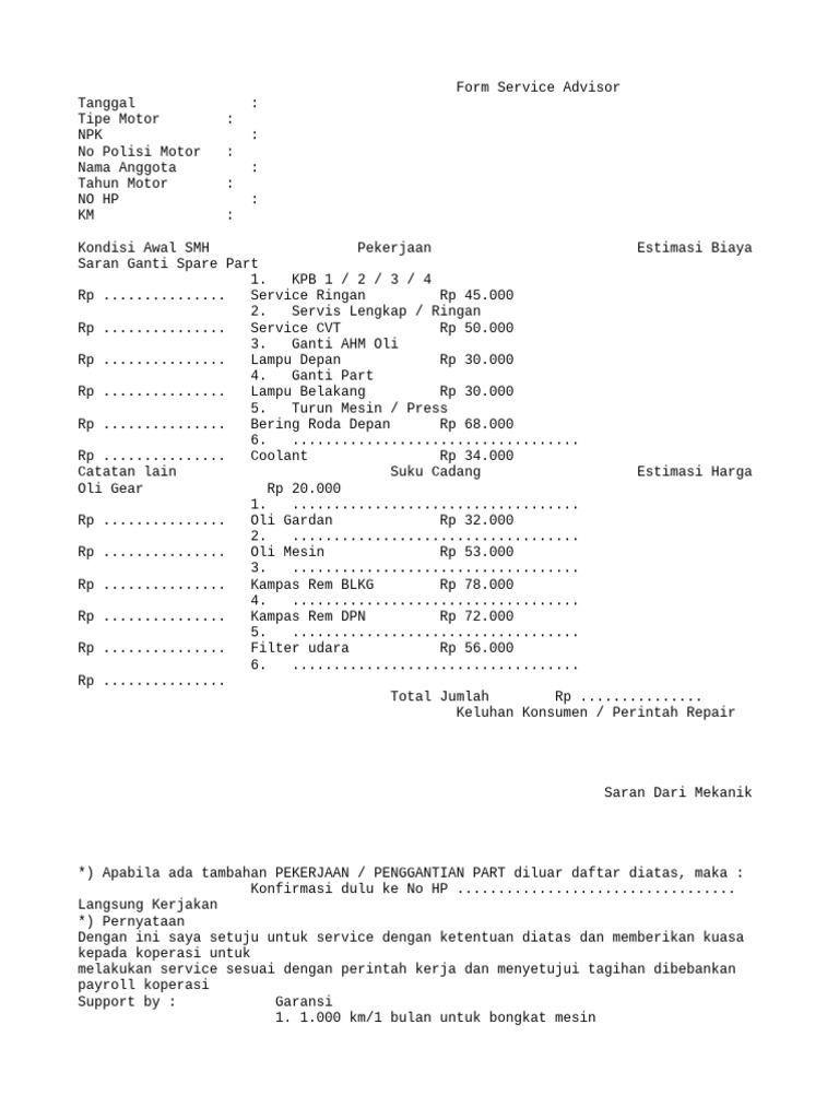 Formulir Service Motor NEW | PDF