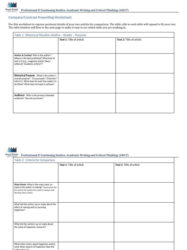 A4 Comparison Prewriting Worksheet | PDF | Happiness | Paragraph