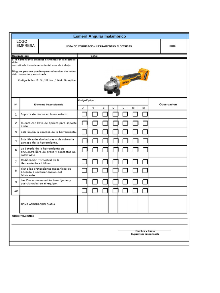 Checklist Esmeril Angular Inalambrico | PDF