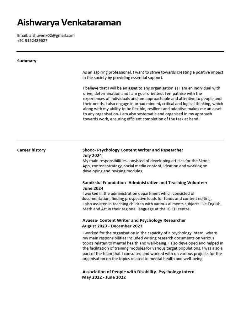 Aishwarya CV (Specific) - 2 | PDF | Psychology | Psychotherapy