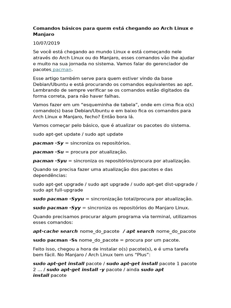 Comandos Básicos para Quem Está Chegando Ao Arch Linux e Manjaro | PDF | Desenvolvimento de ...