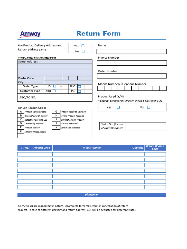 Return Form - For Reverse Pickup | PDF