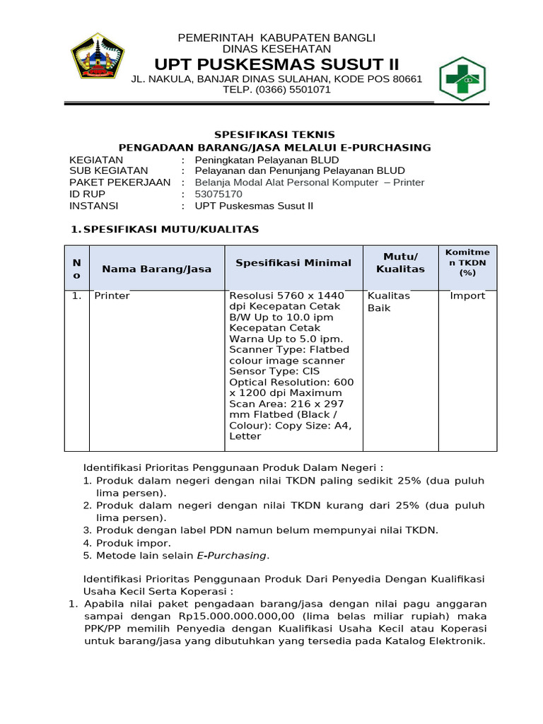 Spesifikasi Teknis Printer | PDF