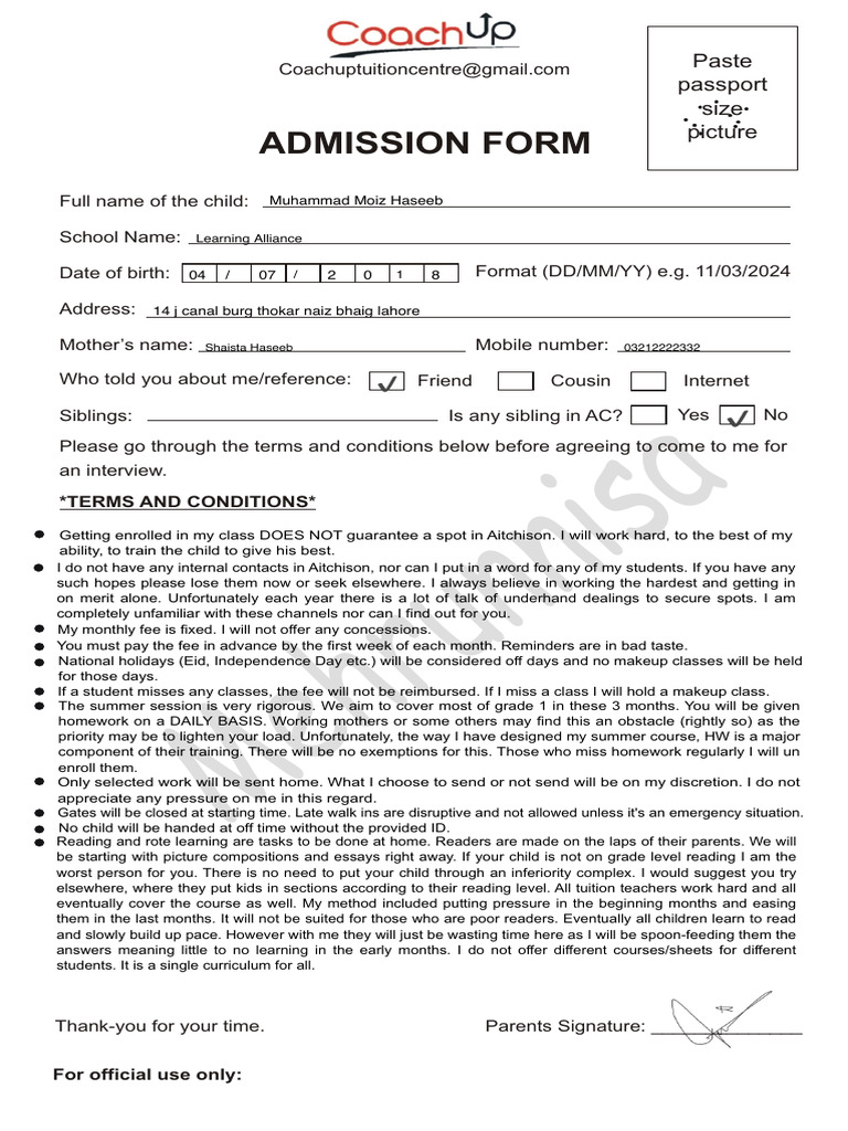 Admission Form | PDF
