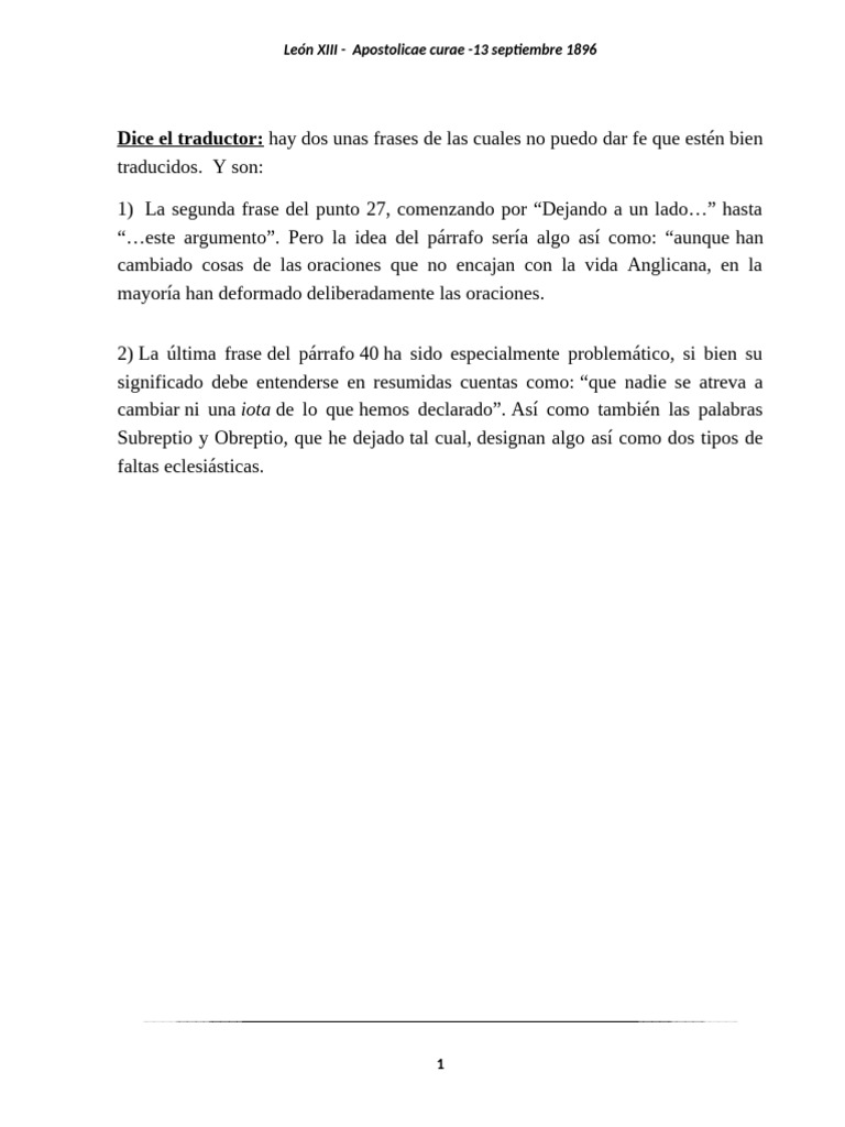 León XIII - Apostolicae Curae - 13 Sept 1896 - Castellano | PDF ...