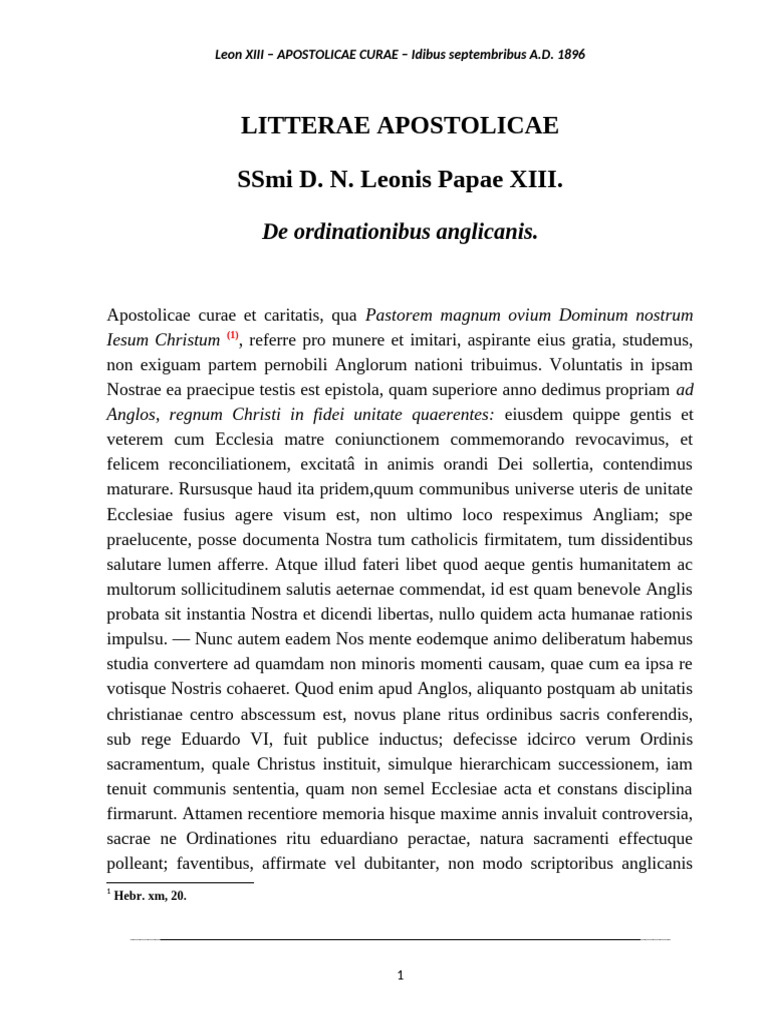 León XIII - Apostolicae Curae - 13 Sept 1896 - Latine | PDF