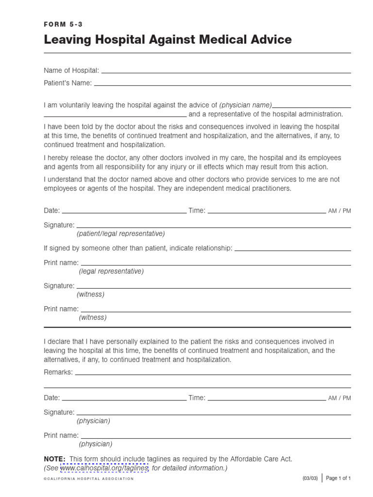 Discharge Against Medical Advice Form | PDF | Physician | Hospital