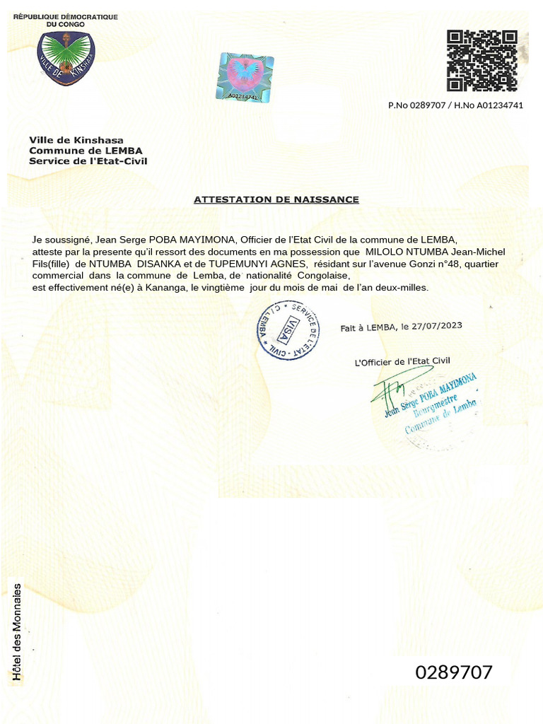 Attestation de naissance - Commune de Lemba | PDF