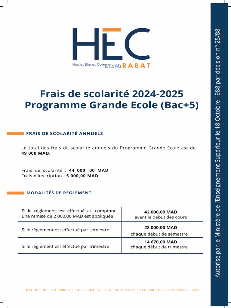 HEC Rabat - Frais de Scolarité MAD | PDF