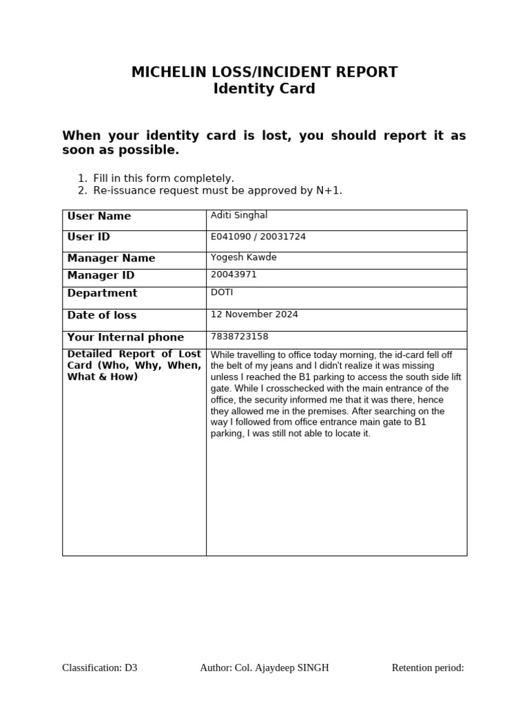 Report Lost of ID Card - AditiSinghal | PDF