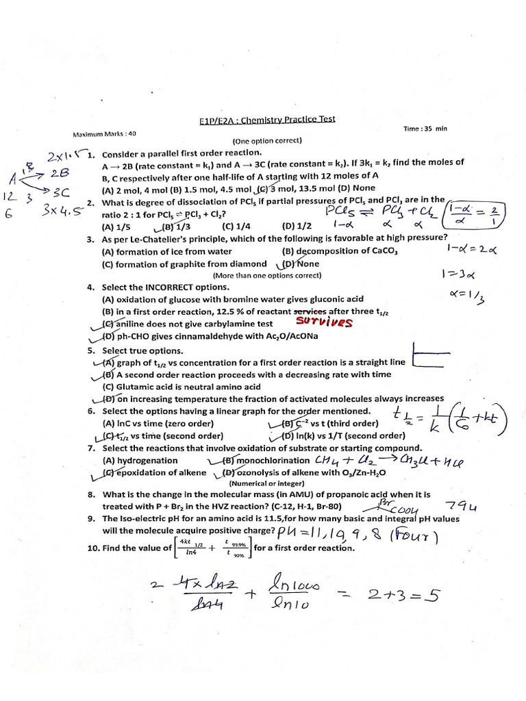 Chemistry Test Paper Answer Key | PDF