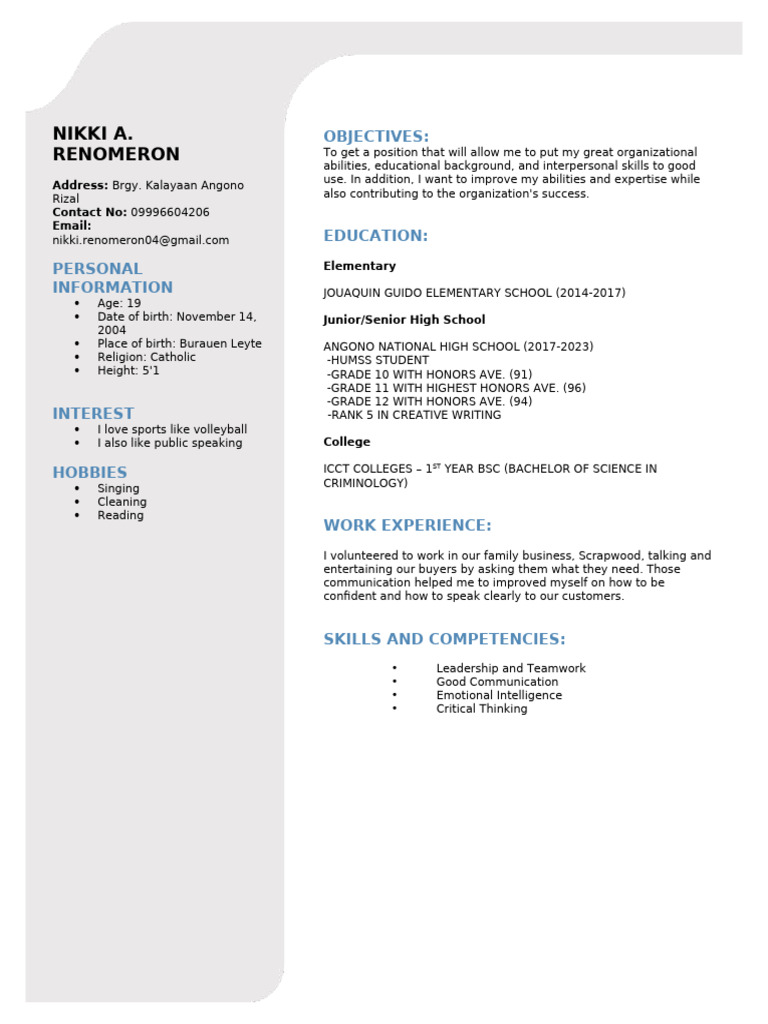 Resume | PDF | Cognition | Psychology