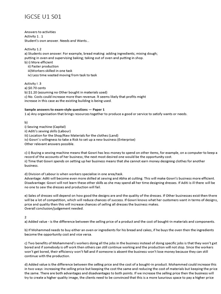 IGCSE U1 S01 MS Activites and Exam Style Questions | PDF | Prices ...