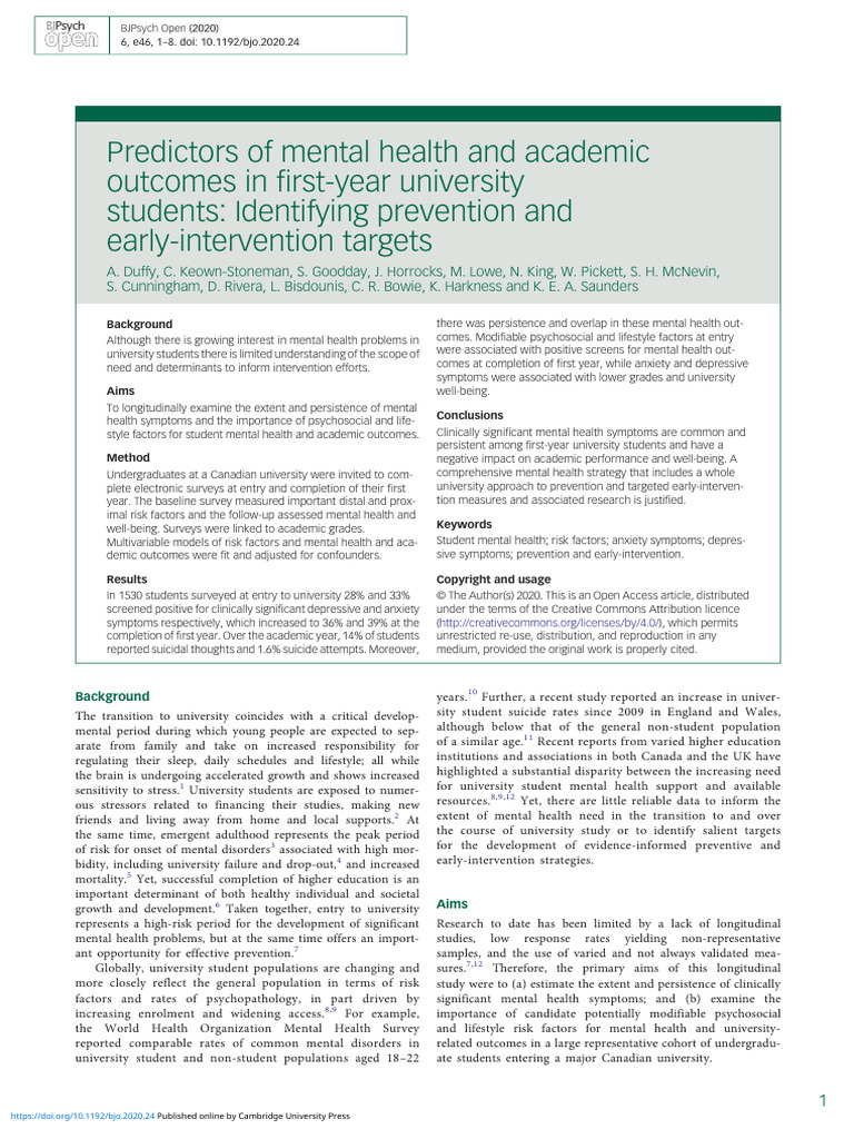 Predictors of Mental Health and Academic Outcomes in First Year University Students Identifying ...