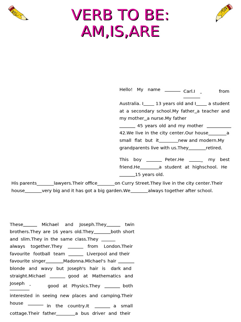 Verb To Be (Am Is Are) Worksheet | PDF