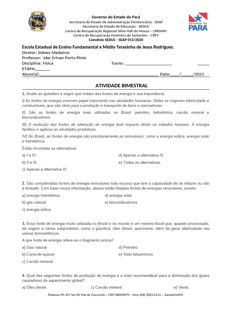 Atividade2.Fisica - Energia.1 e 2 Etapas | PDF | Energia renovável | Hidroeletricidade