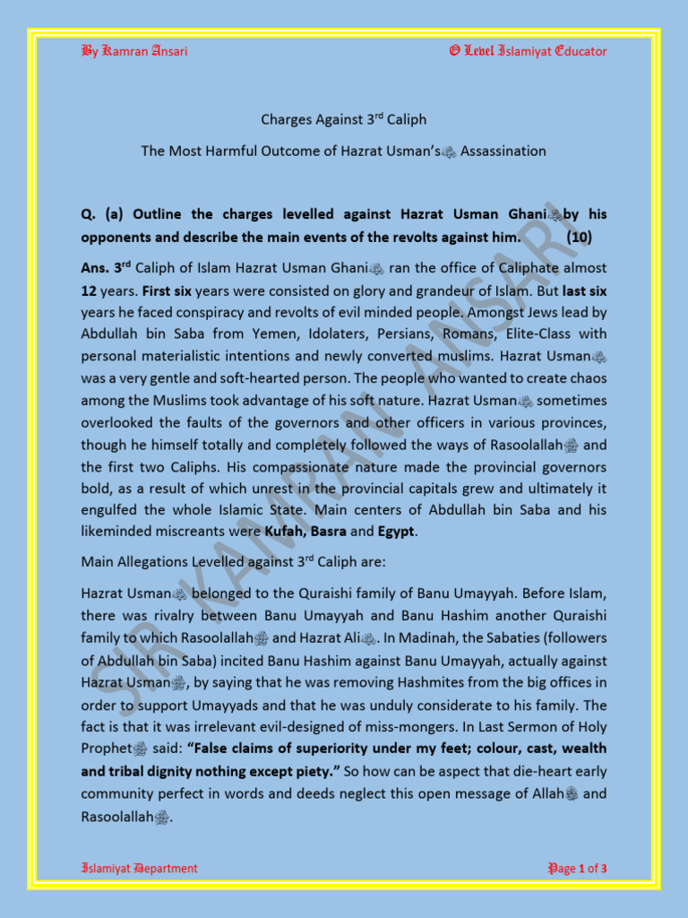 Charges Against Caliph Usman | PDF | Caliphate | Abrahamic Religions