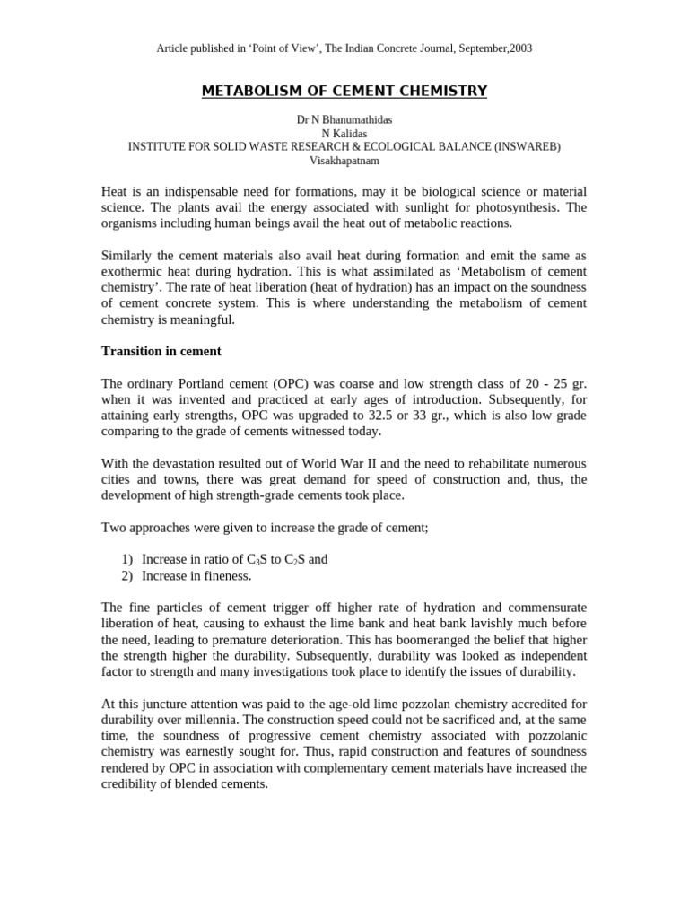 Cement Chemistry Metabolism | PDF | Cement | Lime (Material)