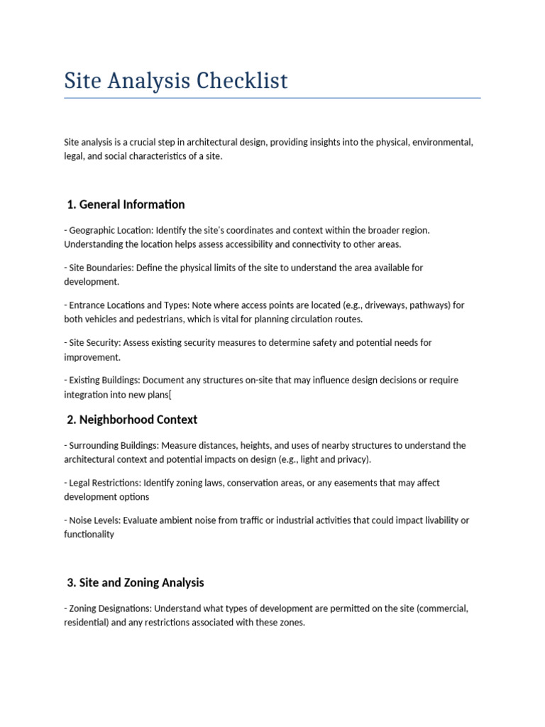 Site Analysis Checklist | PDF | Infrastructure | Zoning