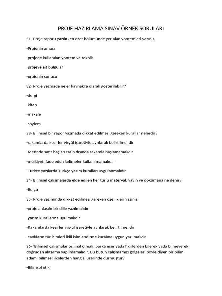 Proje Hazirlama Sinav Örnek Sorulari | PDF