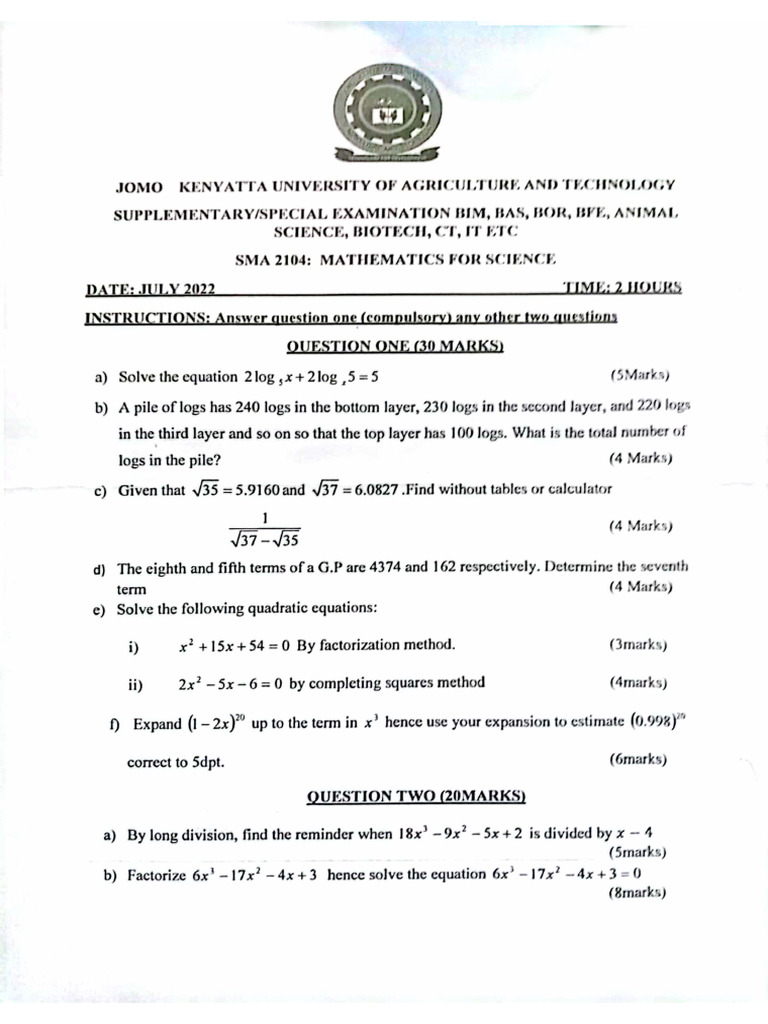 Mathematics For Science Past Papers | PDF