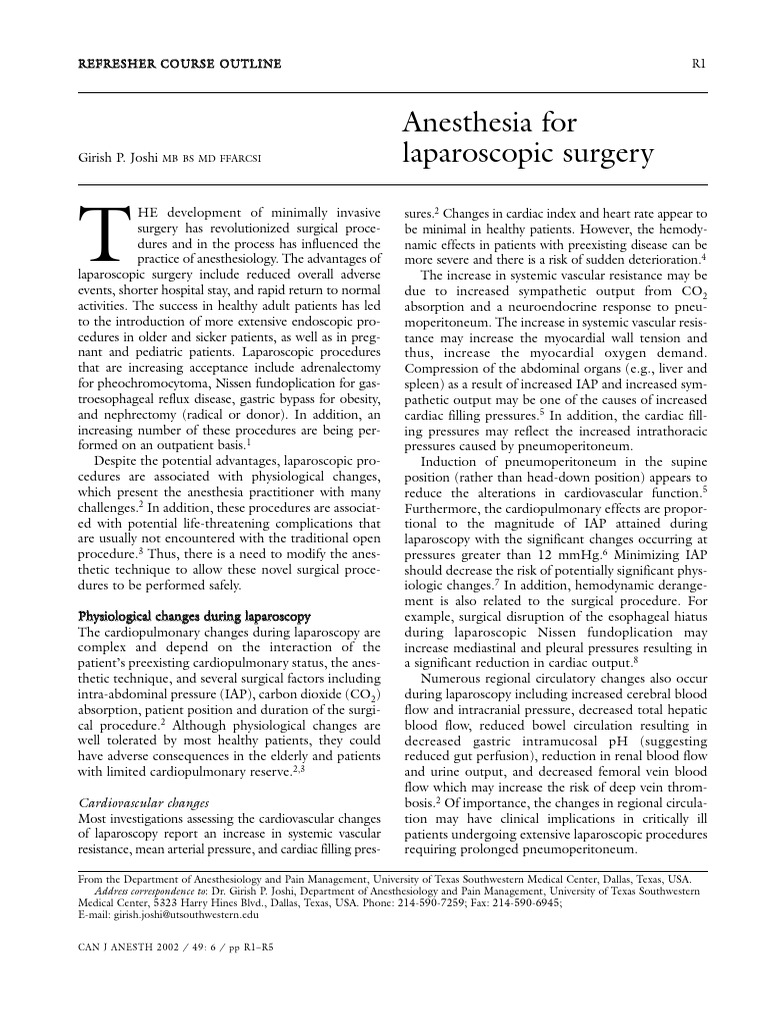 Anesthesia Techniques for Laparoscopy | PDF | Anesthesia | Clinical ...