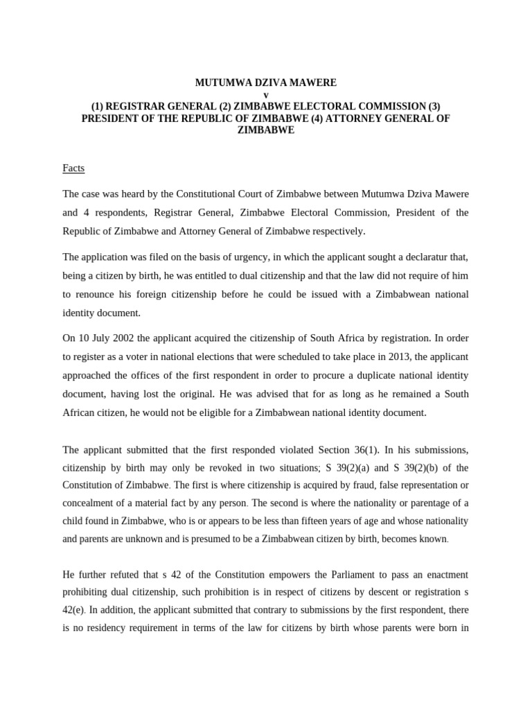 Mutumwa Dziva Mawere Question | PDF | Citizenship | Zimbabwe