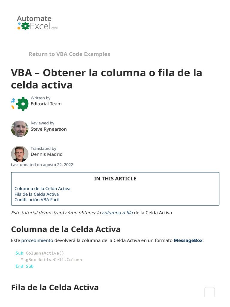 VBA - Obtener La Columna o Fila de La Celda Activa - Automate Excel | PDF | SQL | Microsoft Excel