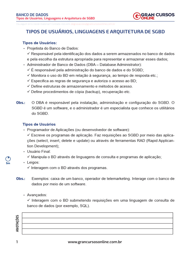 Tipos de Usuarios Linguagens e Arquitetura de SGBD | PDF | Bancos de dados | SQL