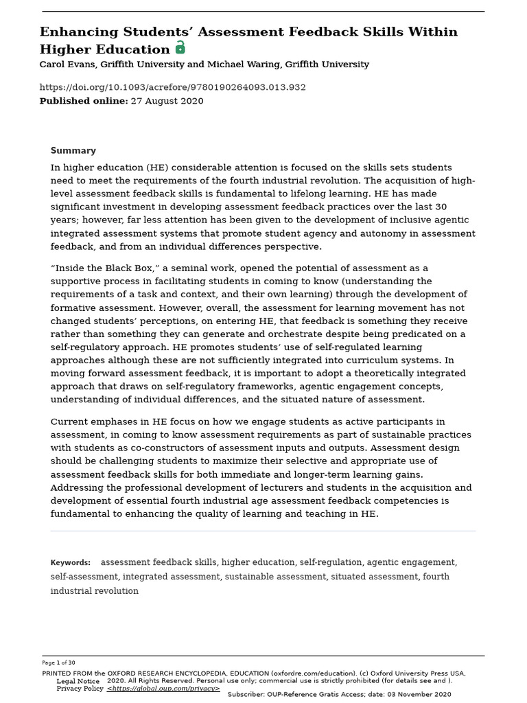 Enhancing Students Assessmente Feedback - Carol Evans | PDF | Self Efficacy | Learning