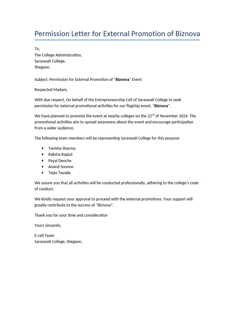 Permission Letter For External Promotion Biznova | PDF