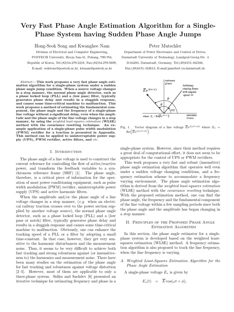 Very Fast Phase Angle Estimation Algorith For A Single-Phase System ...