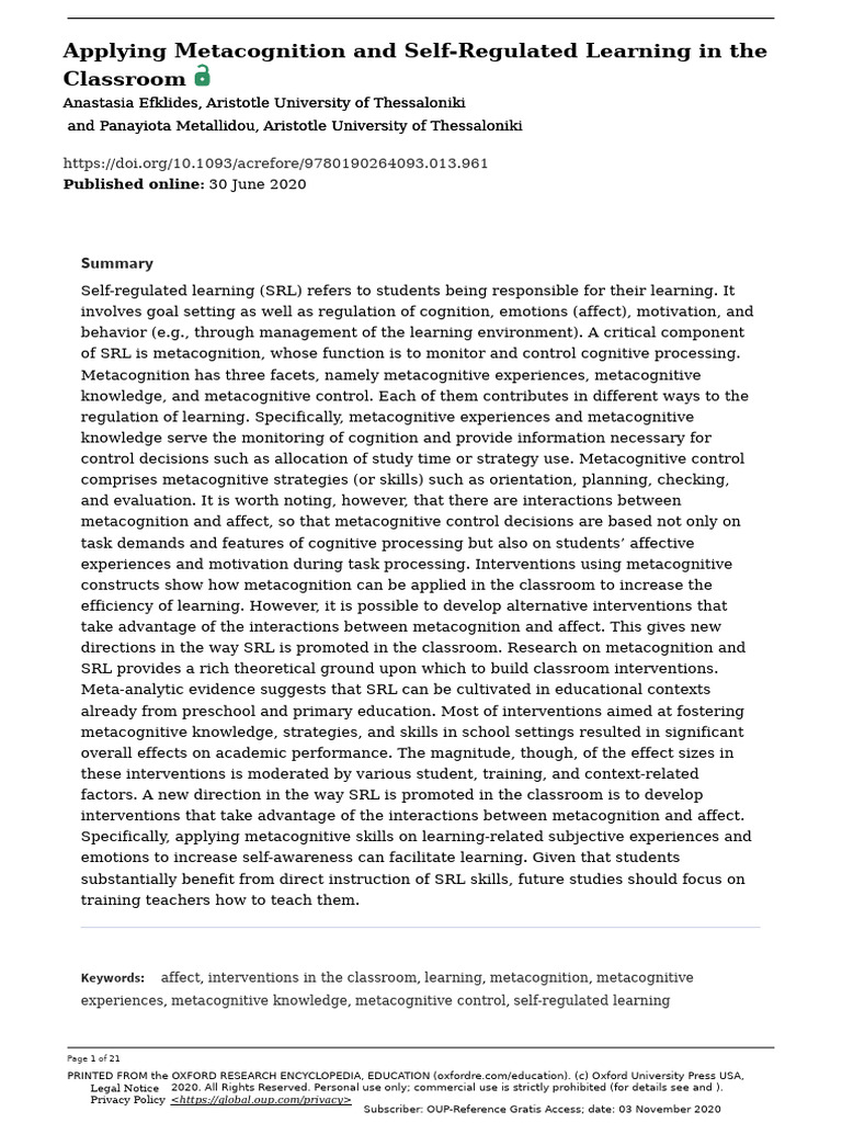 Metacognition & Self-Regulated Learning | PDF | Metacognition | Learning