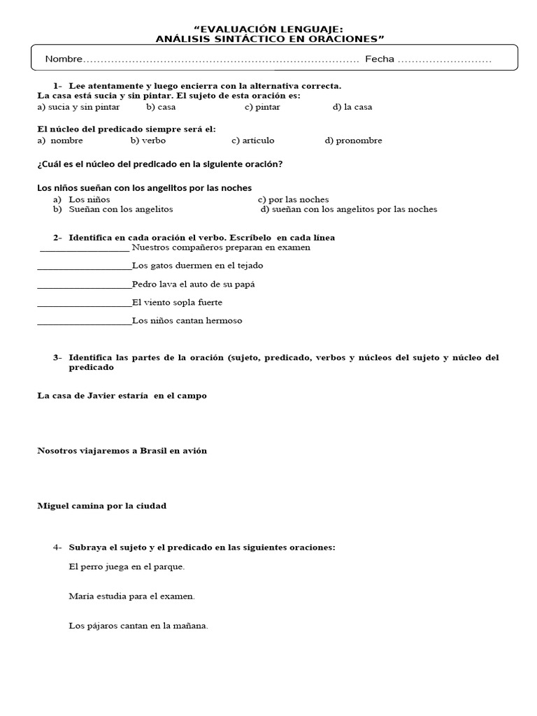 PRUEBA Tercero Partes de La Oracion | PDF | Asunto (gramática ...