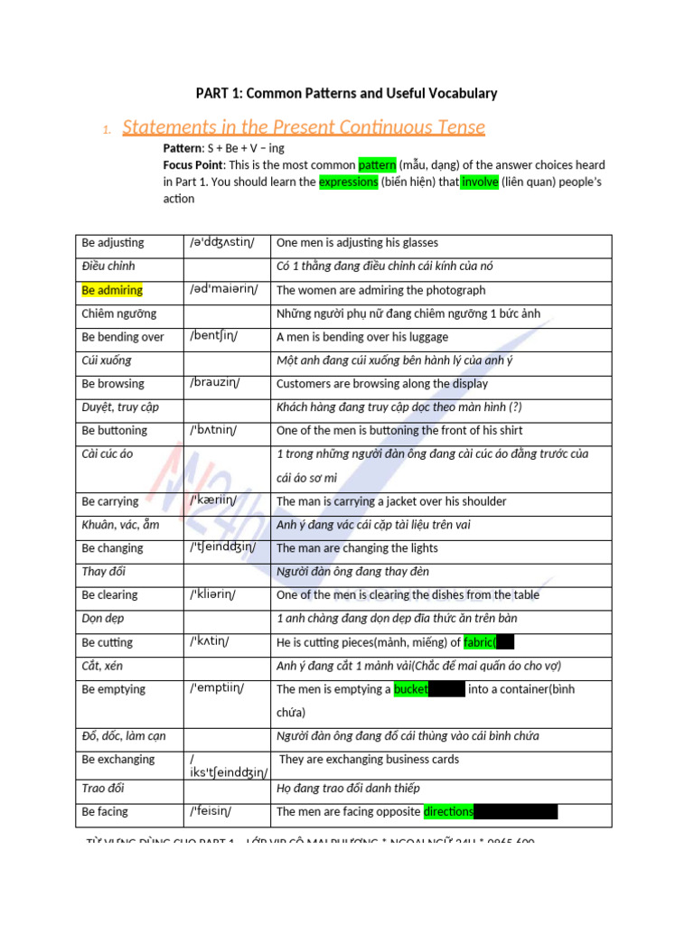 Statements in The Present Continuous Tense: PART 1: Common Patterns and Useful Vocabulary | PDF