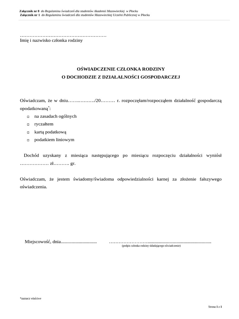 UPLOAD Zalacznik 8 Oswiadczenie o Dochodzie Z Dzialalnosci Gospodarczej 8421 | PDF