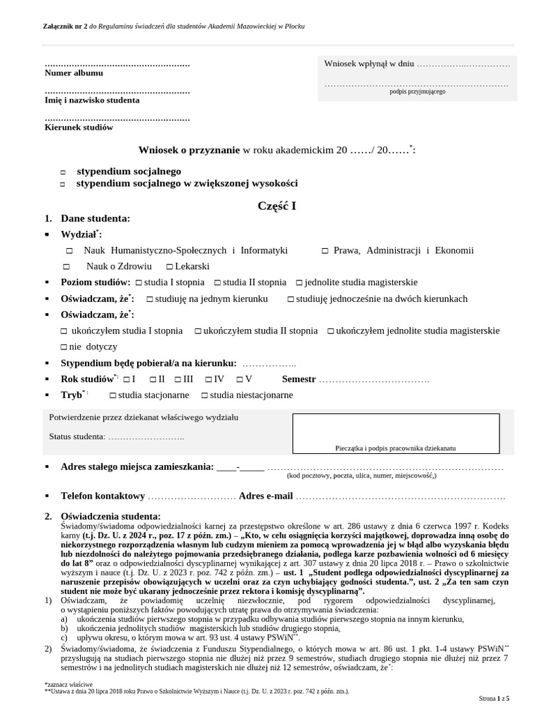 UPLOAD Zalacznik 2 Wniosek o Stypendium Socjalne 8415 | PDF