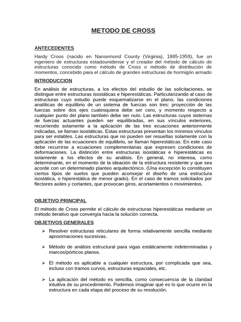 Método de Cross en Estructuras Hiperestáticas | PDF