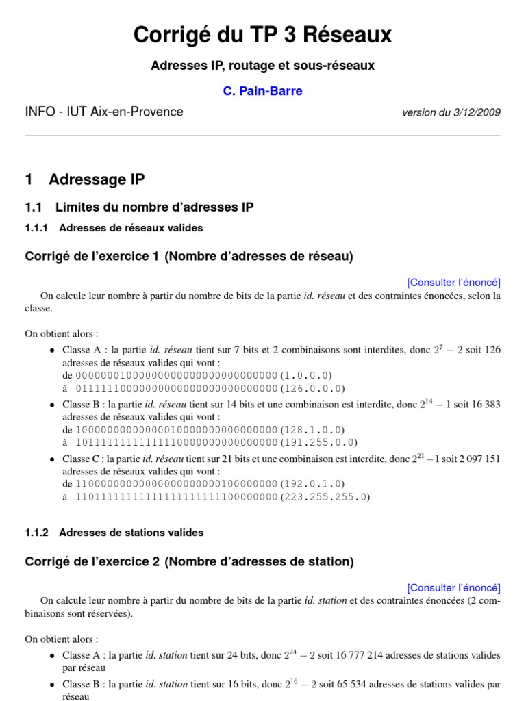 Corrige tp3 Reseaux | PDF | Adresse IP | Routage