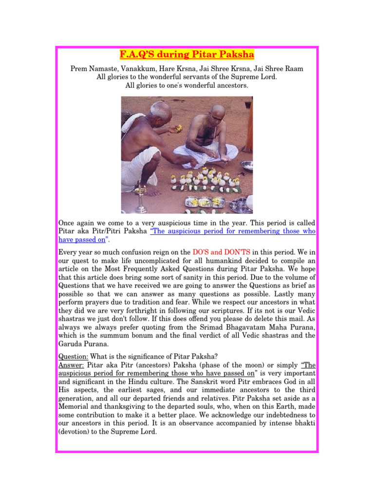 Pitar Paksha FAQs: Rituals and Guidelines | PDF | Vishnu | Sita