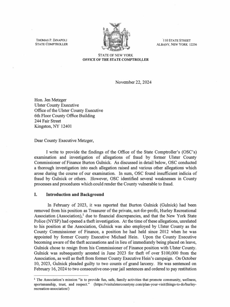 N.Y. State Comptroller's Office Letter On Investigation Into ...