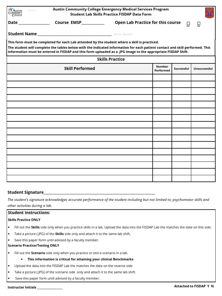 Student Lab FISDAP Data Form | PDF | Medical Specialties | Symptoms And ...