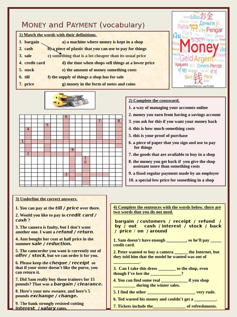 Money and Payment Vocabulary Crosswords Oneonone Activities - 120506 ...