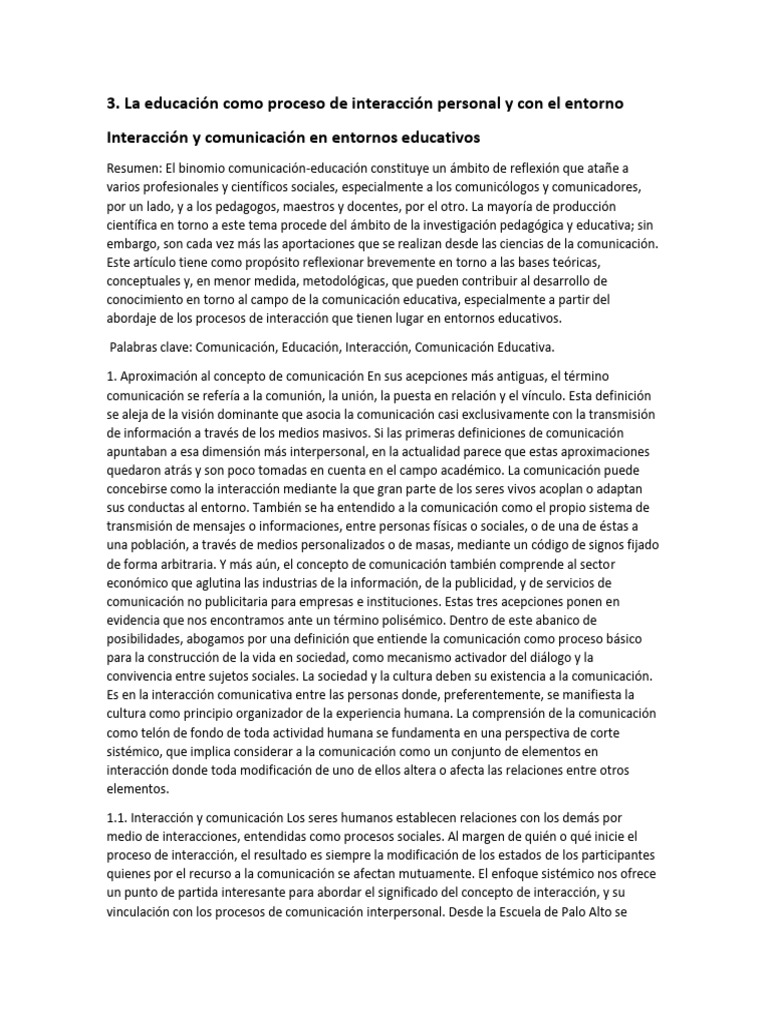 La Educación Como Proceso de Interacción Personal y Con El Entorno ...