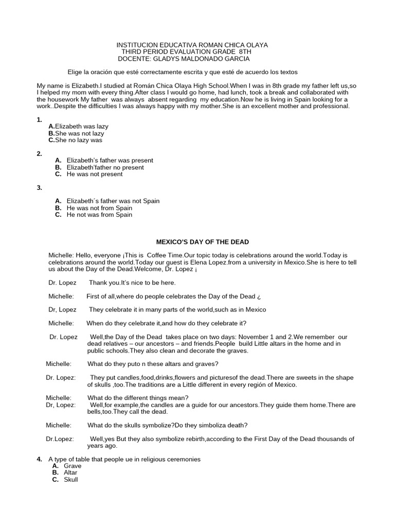 8th Grade Evaluation: Day of the Dead | PDF | Observances | Veneration ...