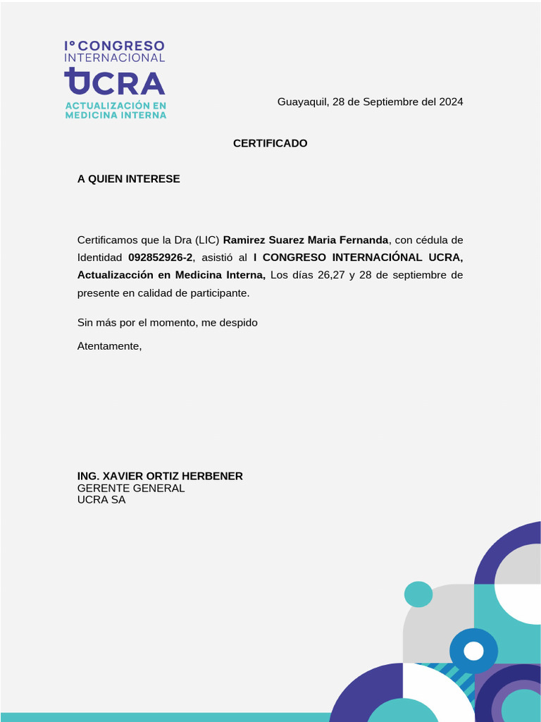 Certificado de Participación Congreso UCRA | PDF | Salud y bienestar ...