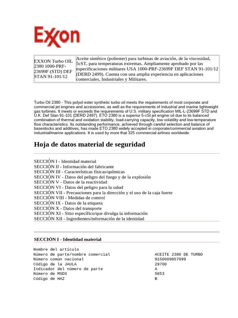 Exxon Turbo Oil 2380 Mil-L-23699 | PDF | Atmósfera | Ingeniería Química