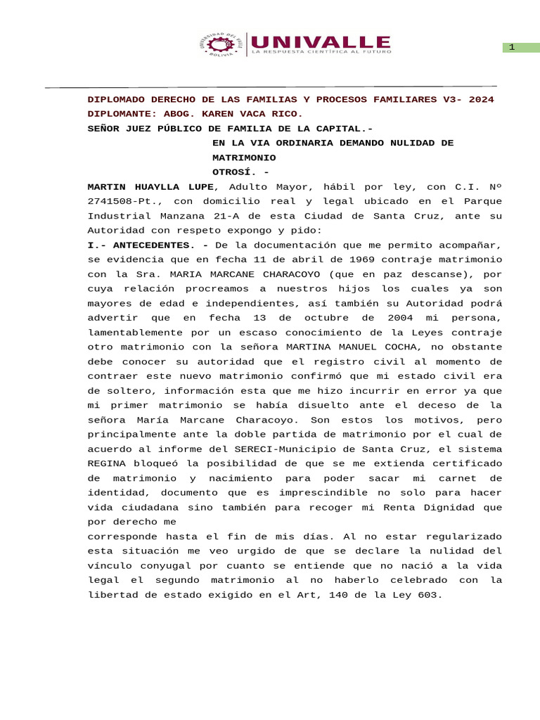 Demanda Ordinaria Nulidad de Partida II | PDF | Anulación | Matrimonio